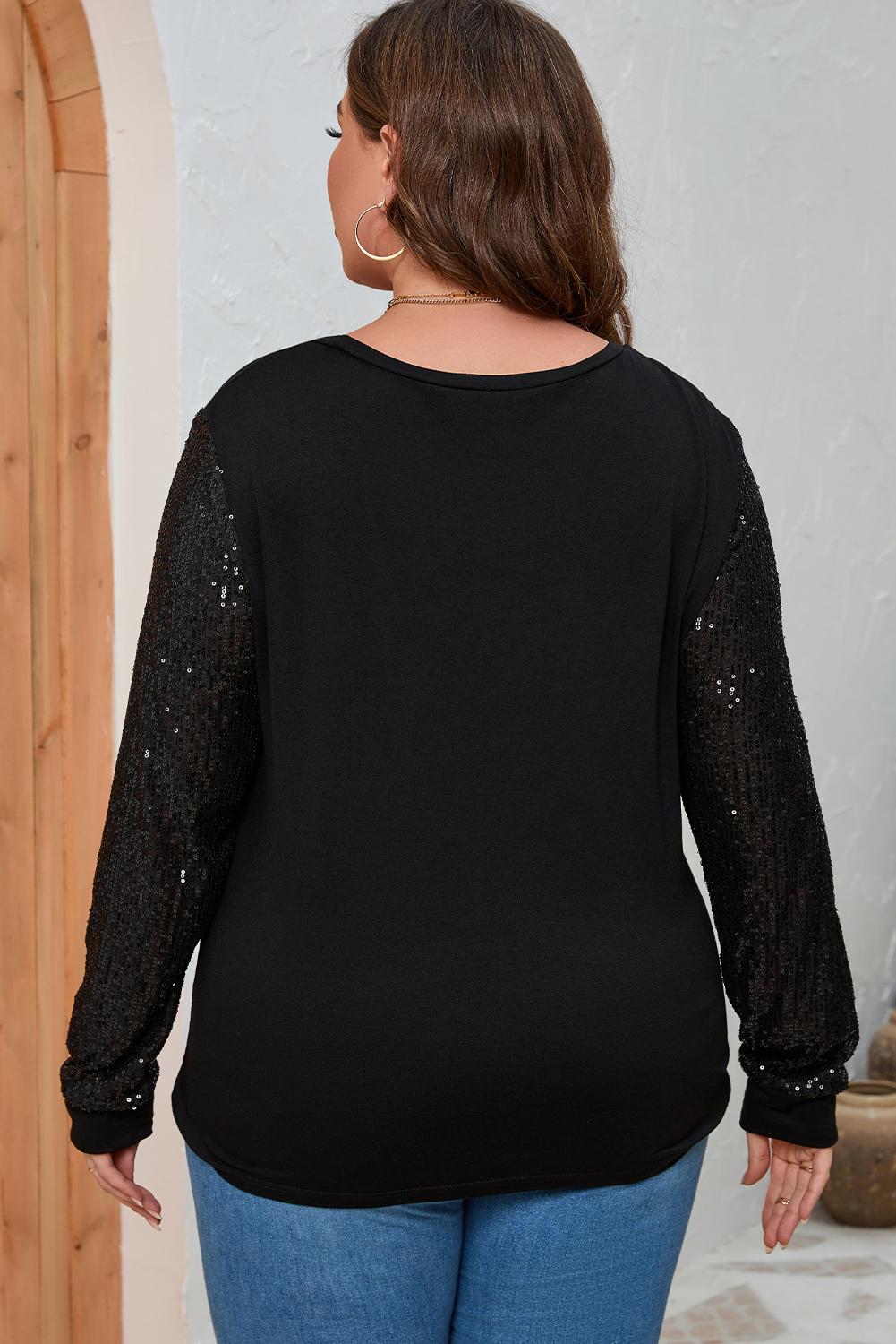 $7.2 Black Sequin Contrast Long Sleeve Plus Size Top Wholesale