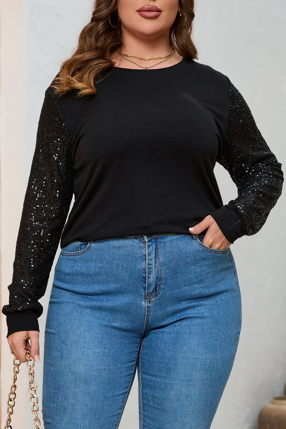 $7.2 Black Sequin Contrast Long Sleeve Plus Size Top Wholesale