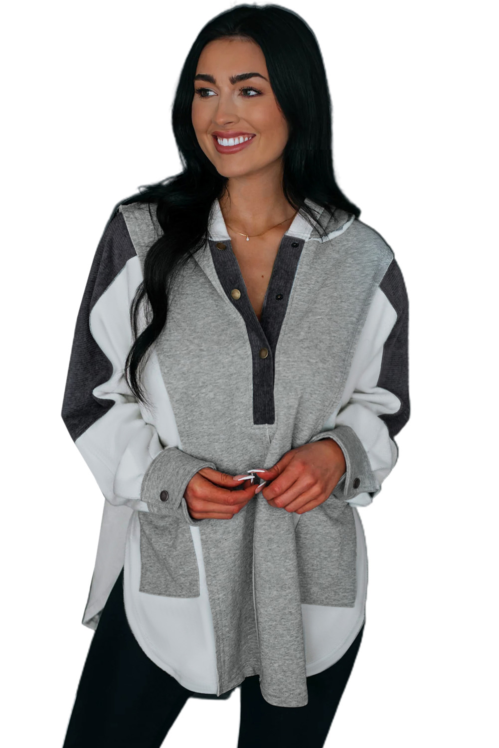 $11.7 Gray Color Block Exposed Seam Buttoned Neckline Hoodie Wholesale