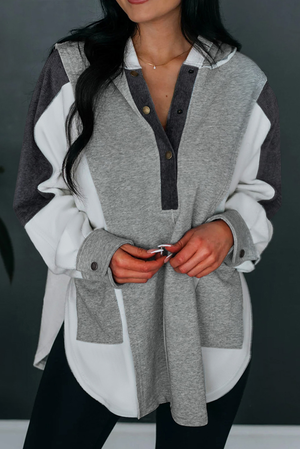$11.7 Gray Color Block Exposed Seam Buttoned Neckline Hoodie Wholesale