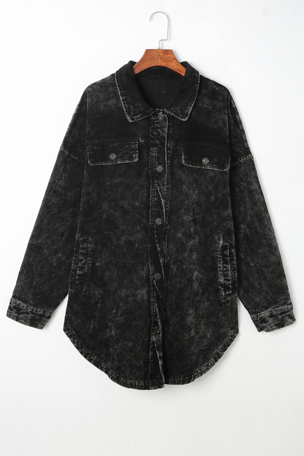 $15.5 Black Vintage Distressed Mineral Wash Oversized Shacket Wholesale