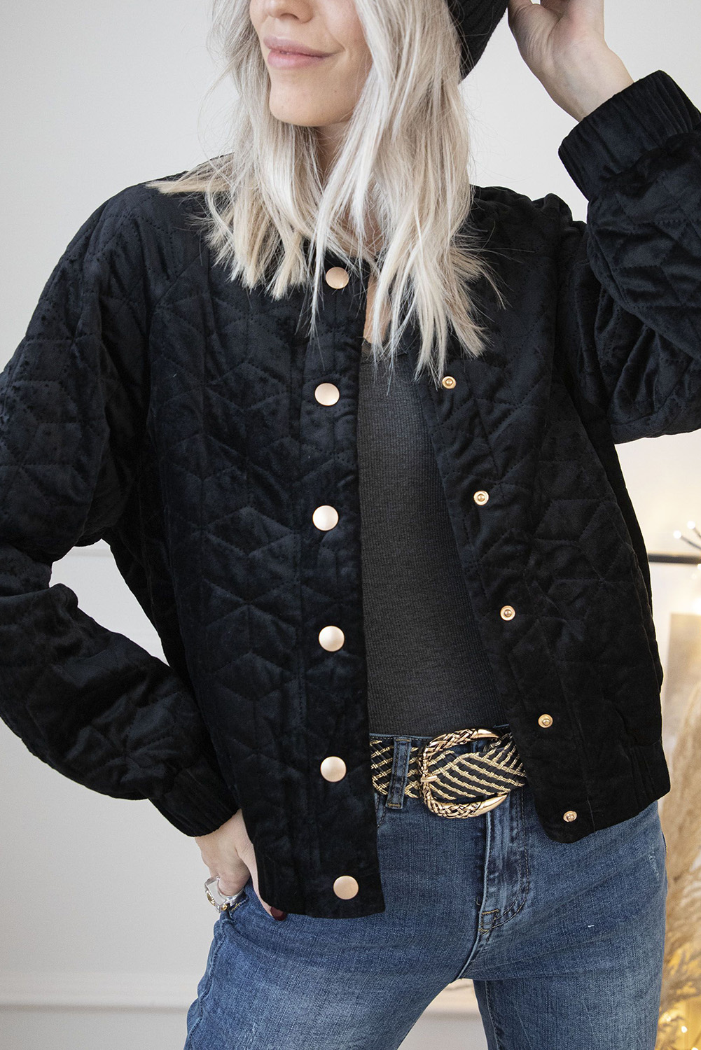 $14.98 Black Quilted Elastic Cuffs Button Up Puffer Jacket Wholesale