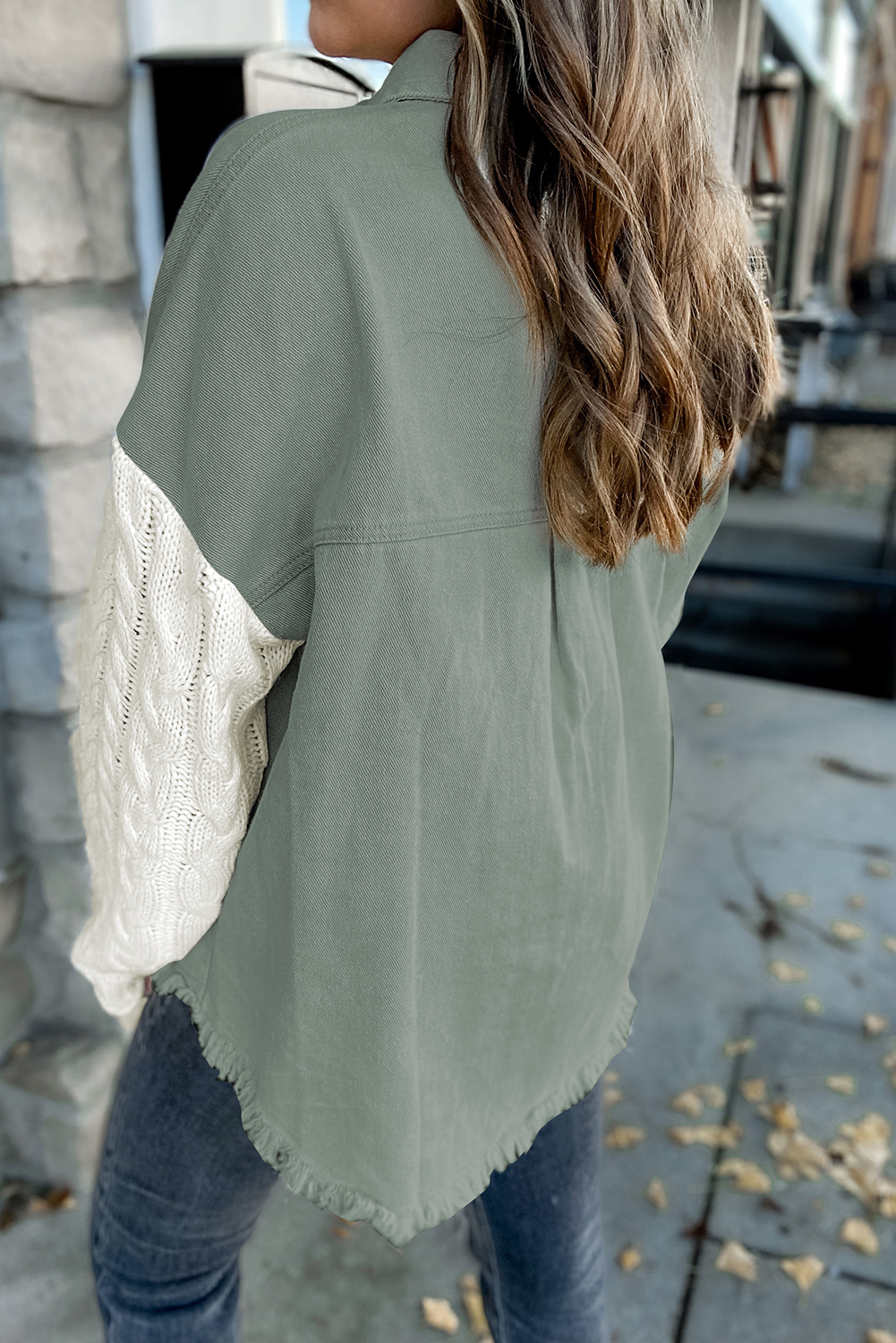 $13.9 Green Cable Knit Sleeve Raw Hem Shacket Wholesale