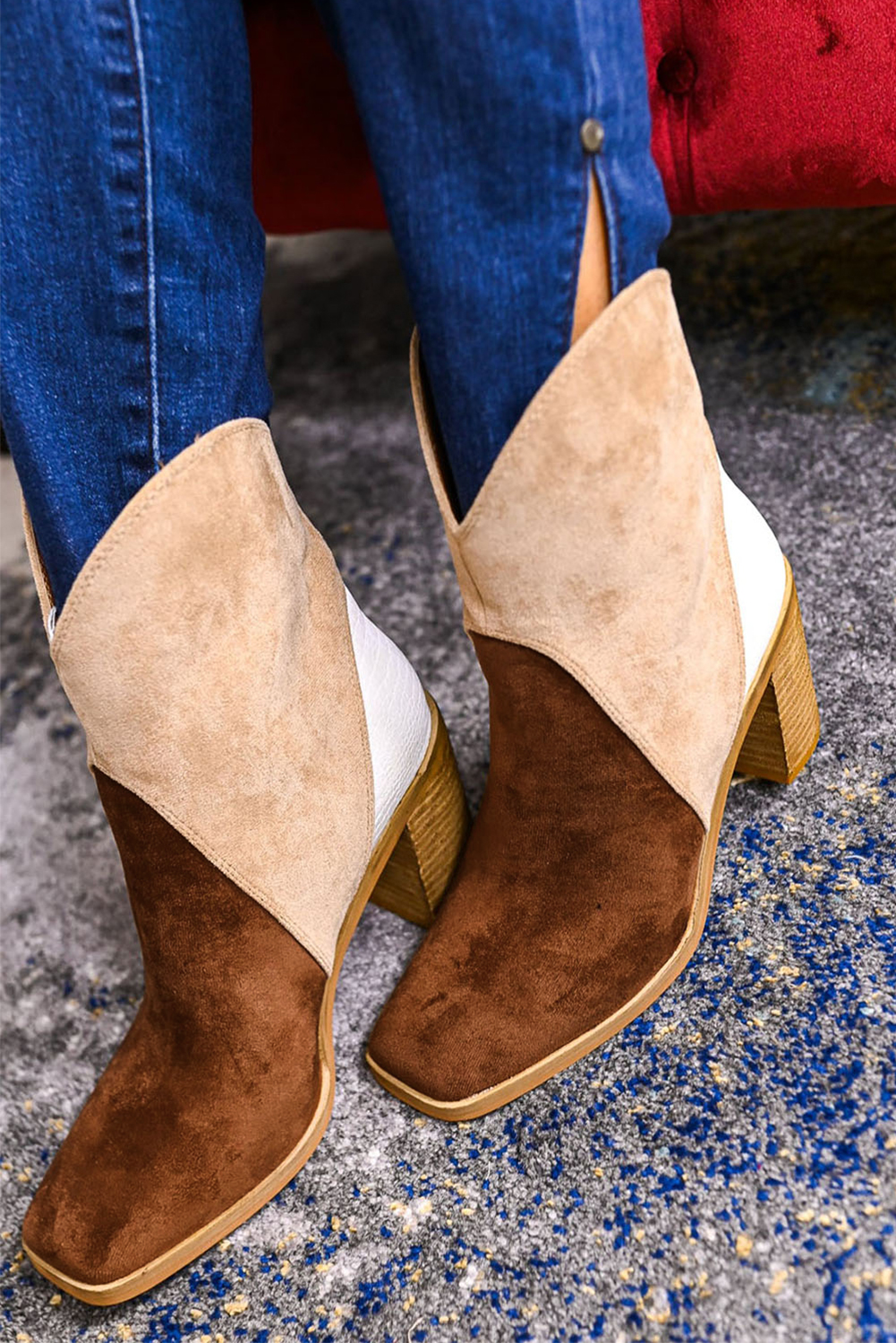 $12 Chestnut Colorblock Suede Heeled Ankle Booties Wholesale