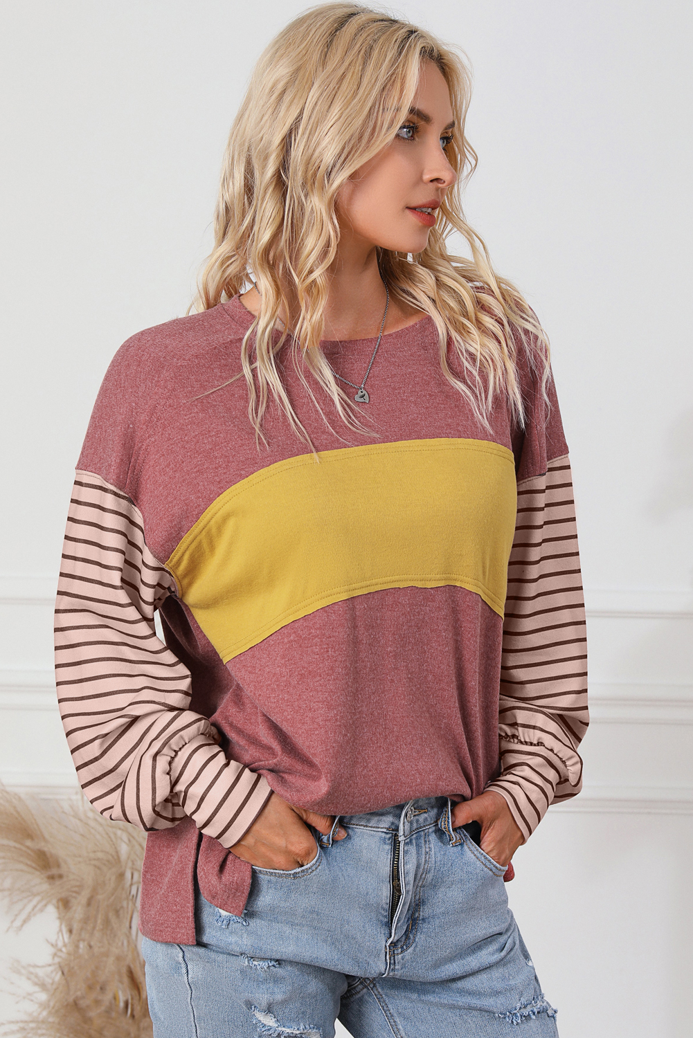 $6.29 Fiery Red Colorblock Striped Bishop Sleeve Top Wholesale