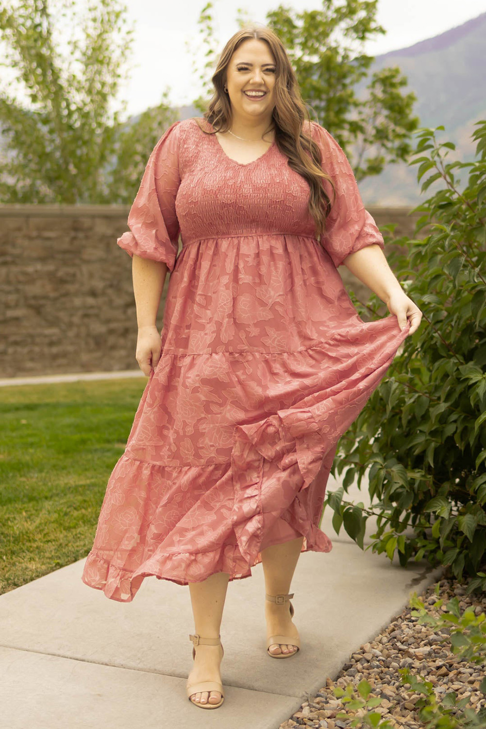 $14.69 Rose Pink Plus Size Rose Puff Sleeve Smocked Bust Tiered Dress ...