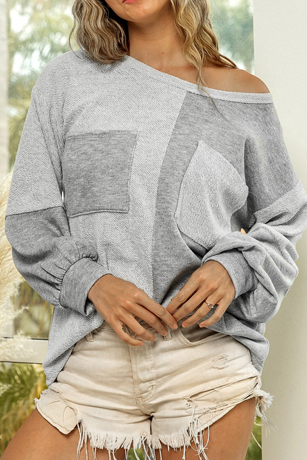 $6.5 Gray Contrast Patchwork Double Chest Pocket Top Wholesale
