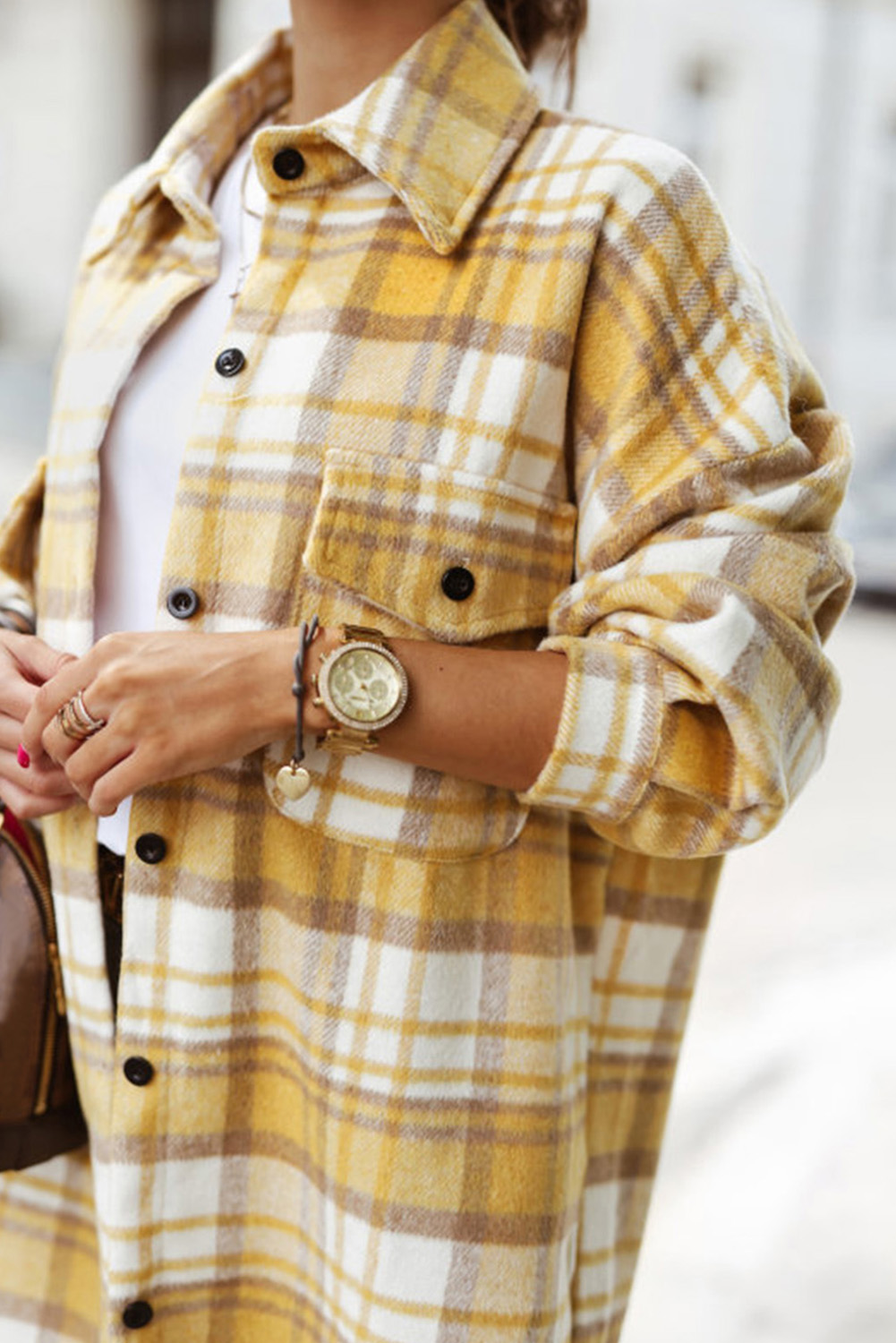 $11.23 Yellow Plaid Flap Pocket Long Sleeve Shacket Wholesale