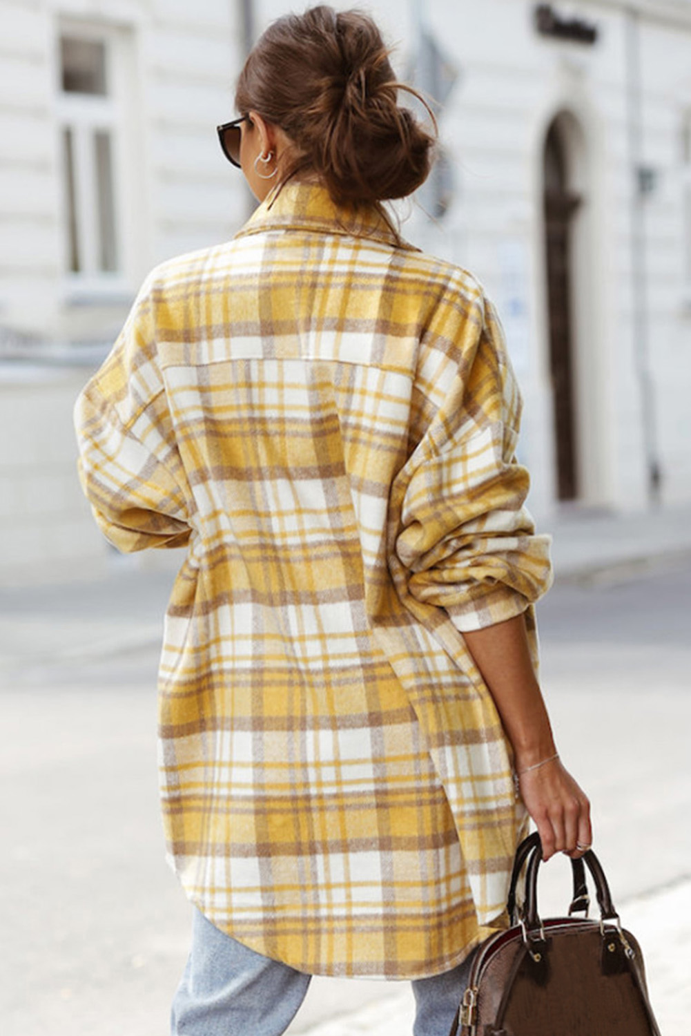 $11.23 Yellow Plaid Flap Pocket Long Sleeve Shacket Wholesale