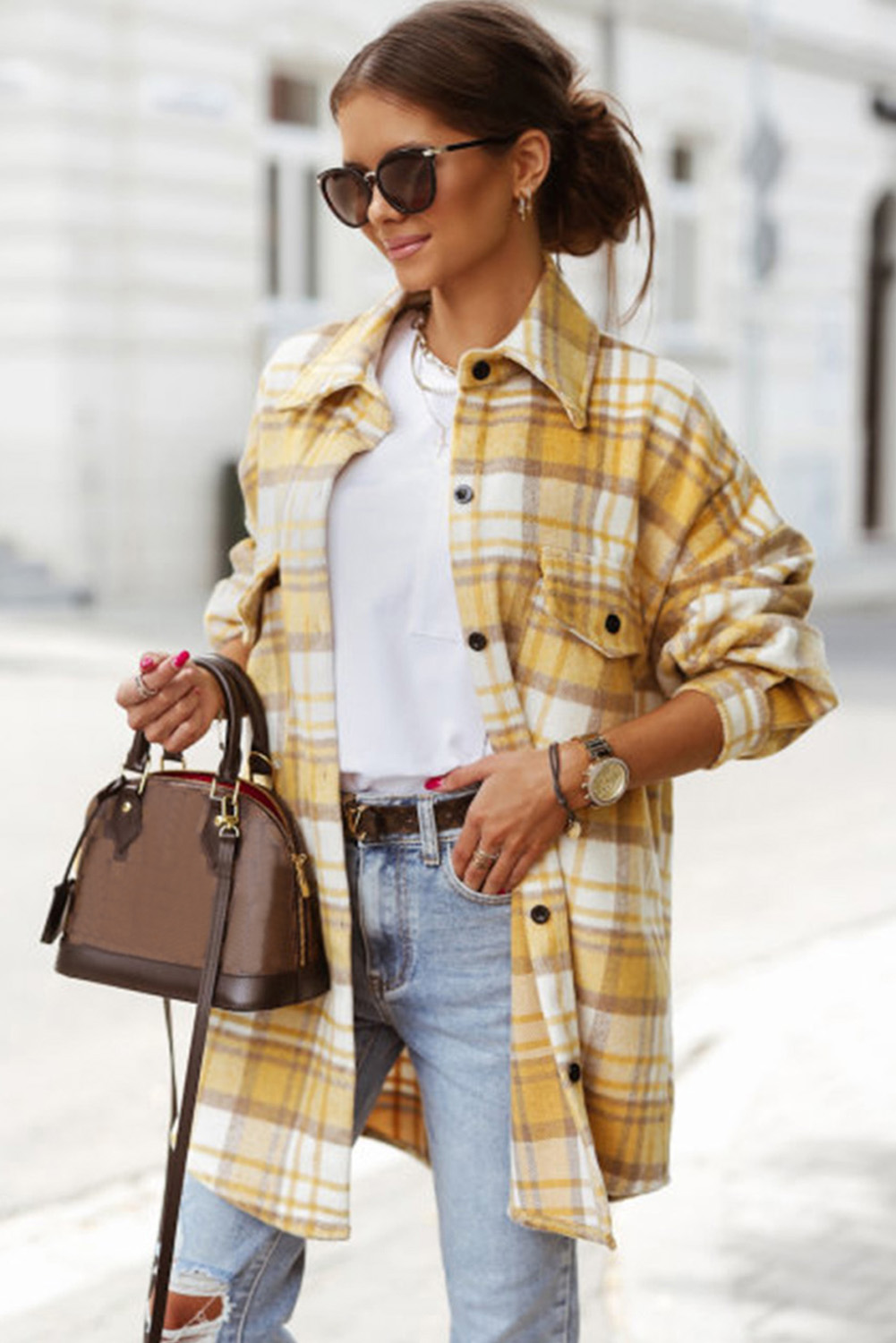 $11.23 Yellow Plaid Flap Pocket Long Sleeve Shacket Wholesale