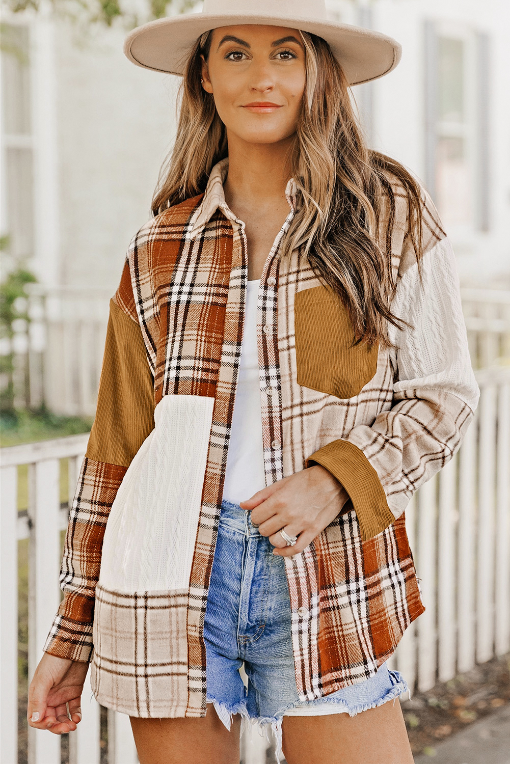 $10.8 Orange Plaid Color Block Patchwork Shirt Jacket with Pocket Wholesale