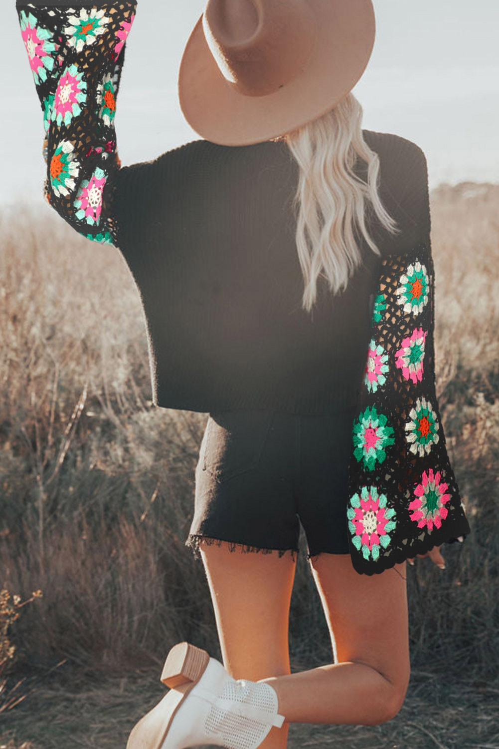 $11.89 Black Floral Crochet Bell Sleeve Loose Sweater Wholesale
