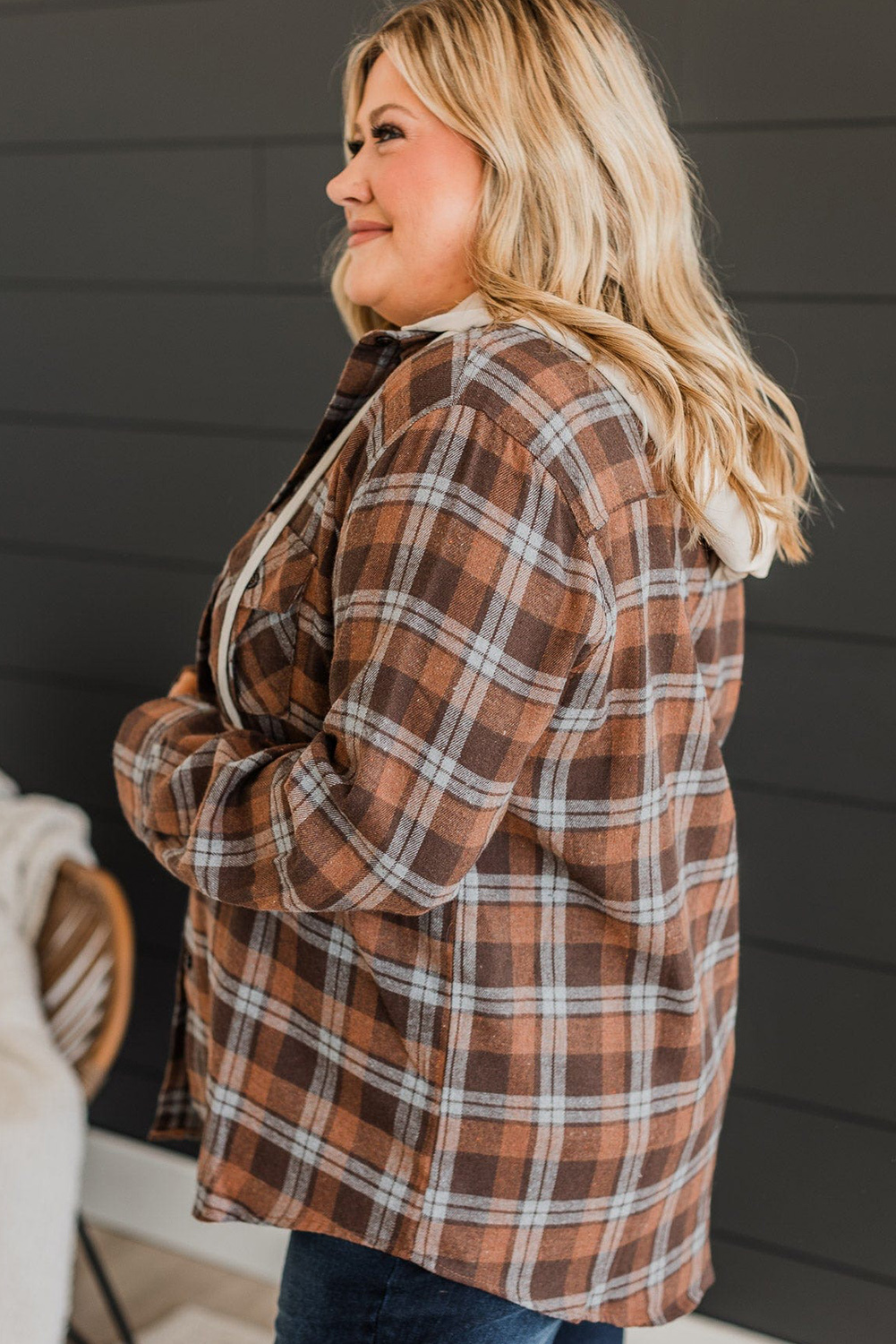 $11.99 Brown Plus Size Plaid Contrast Button up Hooded Jacket Wholesale