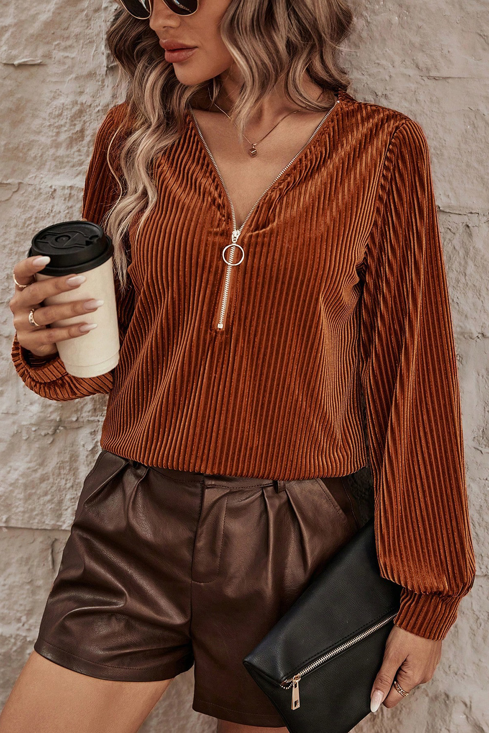 $5.46 Chestnut Half Zip V Neck Ribbed Velvet Top Wholesale