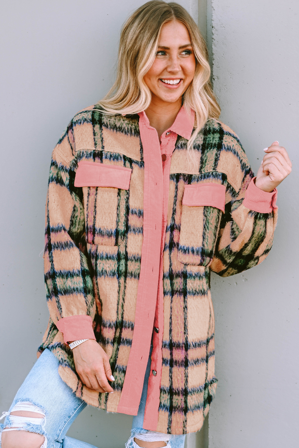 $15.98 Pink Fuzzy Plaid Corduroy Patchwork Shacket Wholesale