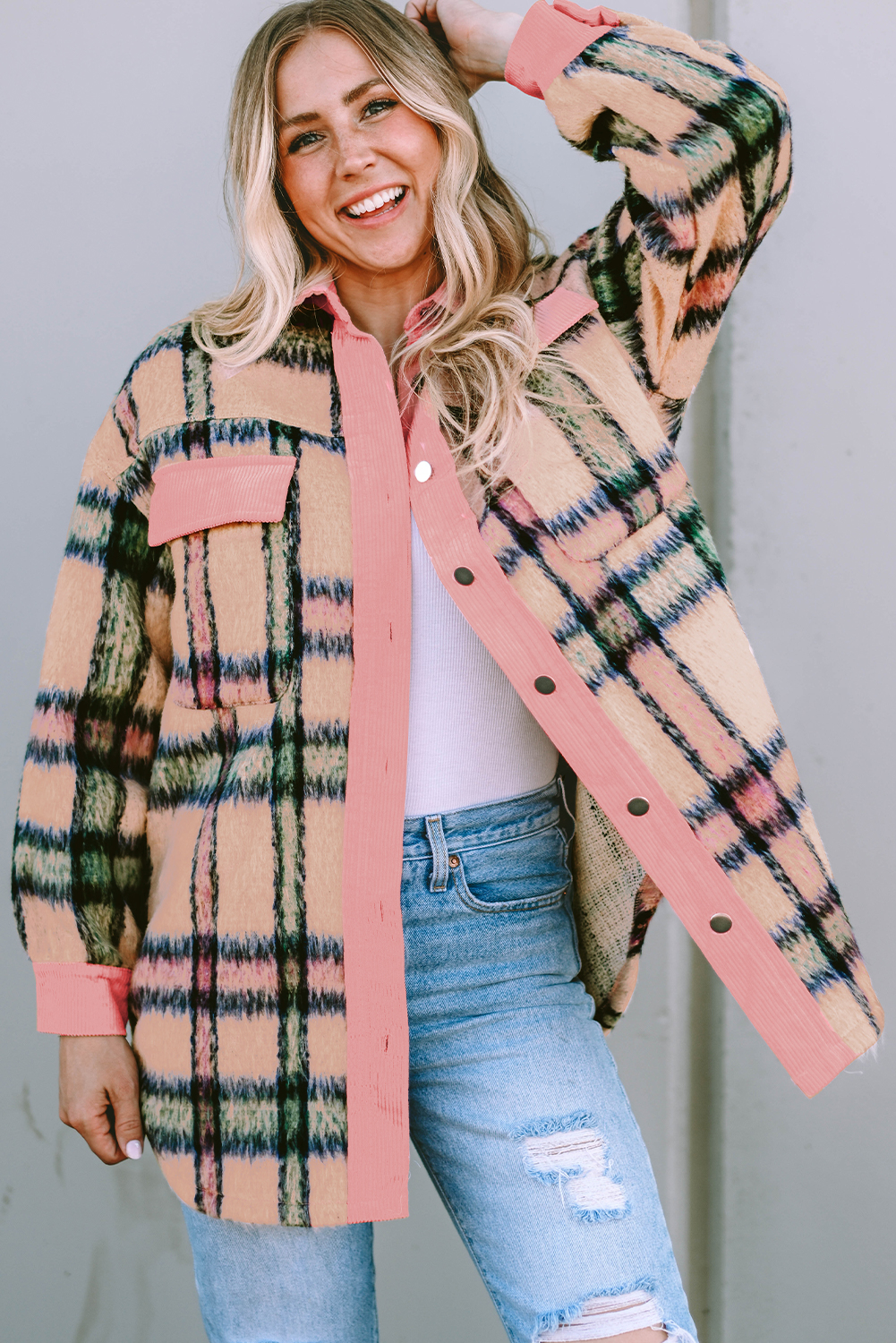 $15.98 Pink Fuzzy Plaid Corduroy Patchwork Shacket Wholesale