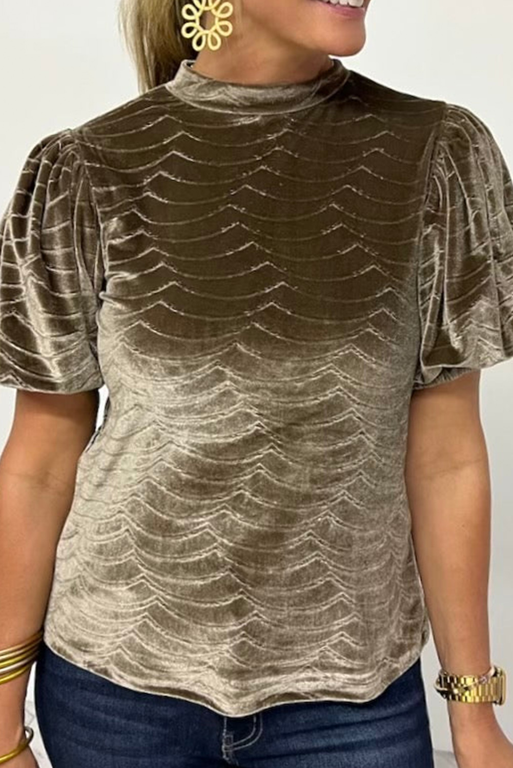 $5.69 Moss Green Scalloped Texture Mock Neck Short Puff Sleeve Velvet ...