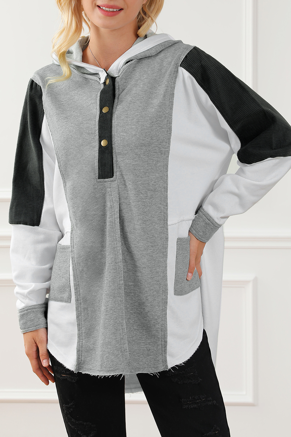 $11.7 Gray Color Block Exposed Seam Buttoned Neckline Hoodie Wholesale