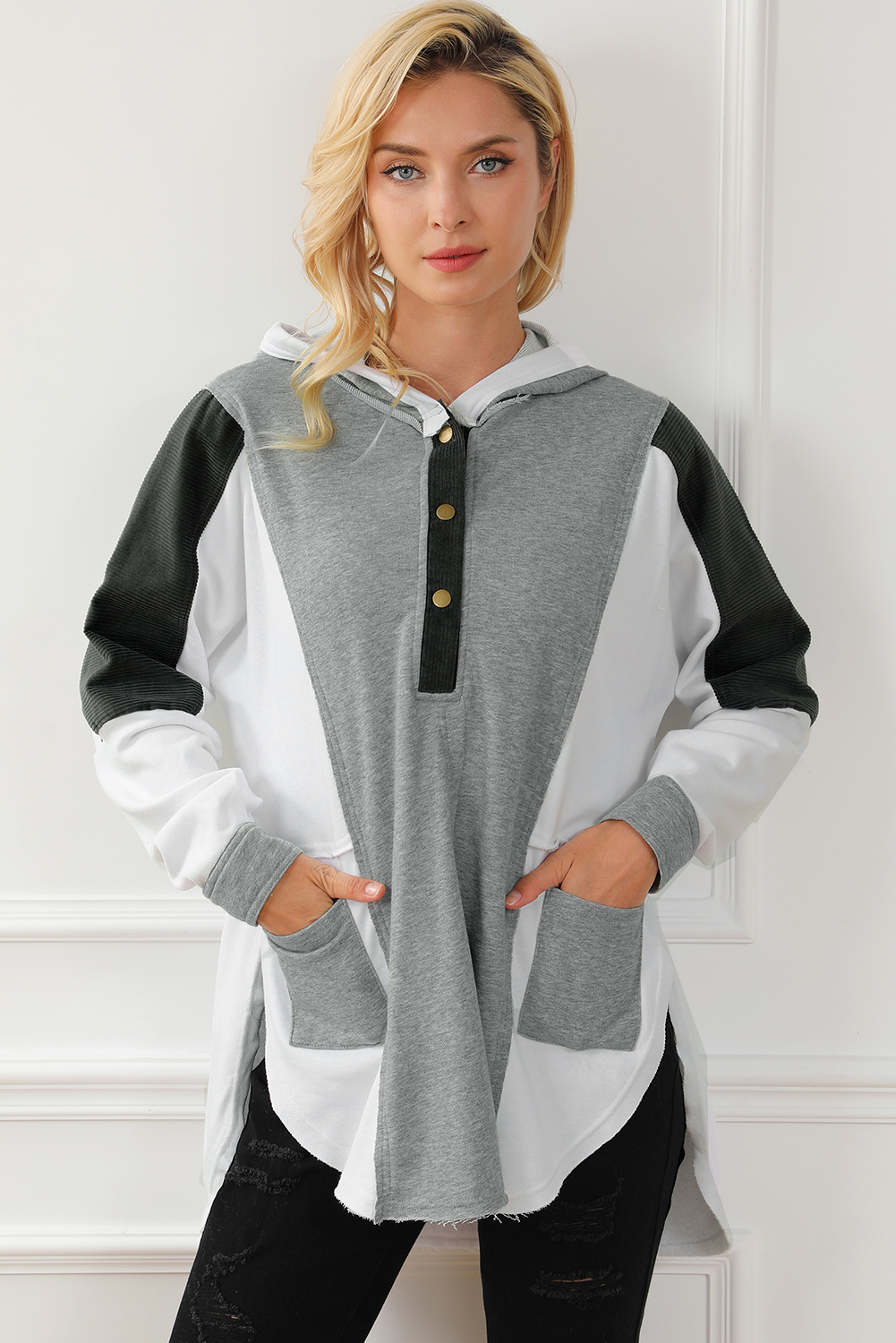$11.7 Gray Color Block Exposed Seam Buttoned Neckline Hoodie Wholesale