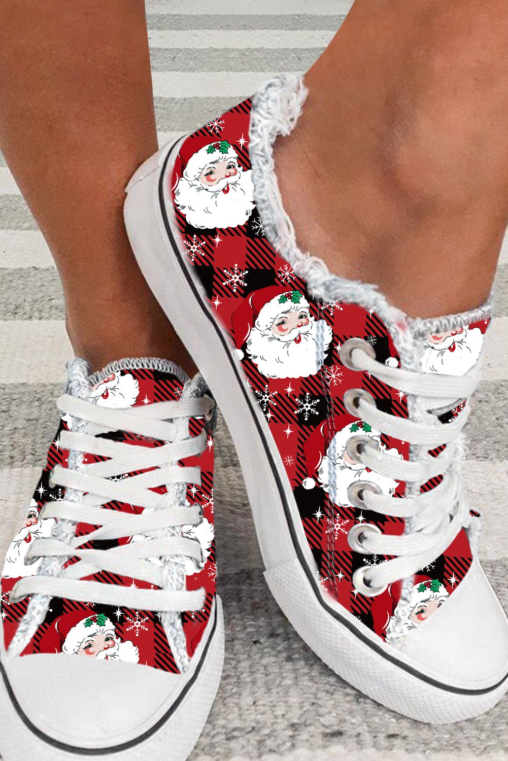 $6.65 Red Buffalo Plaid Santa Claus Print Flat Canvas Shoes Wholesale