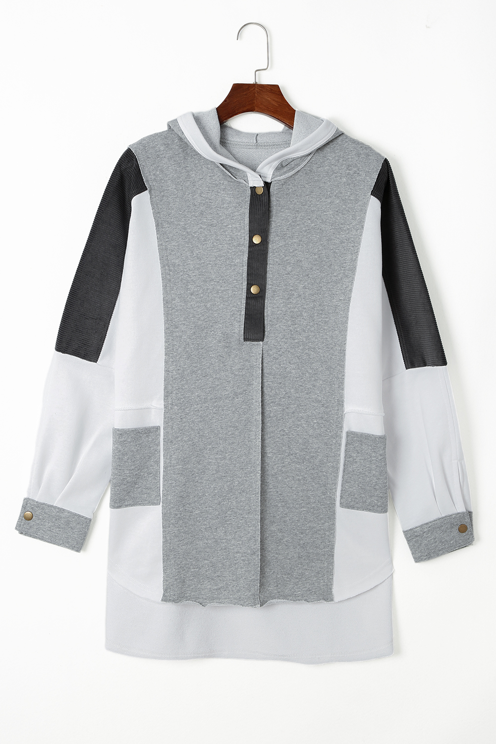 $11.7 Gray Color Block Exposed Seam Buttoned Neckline Hoodie Wholesale