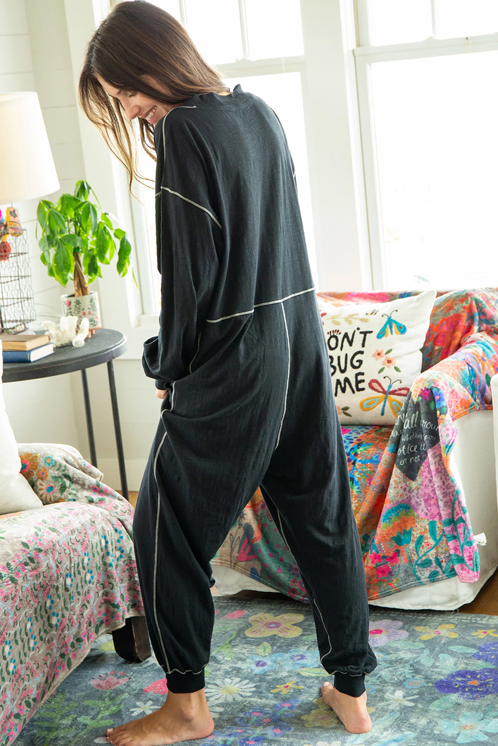$10.86 Black Flatlock Seam Detail V Neck Baggy Jumpsuit Wholesale
