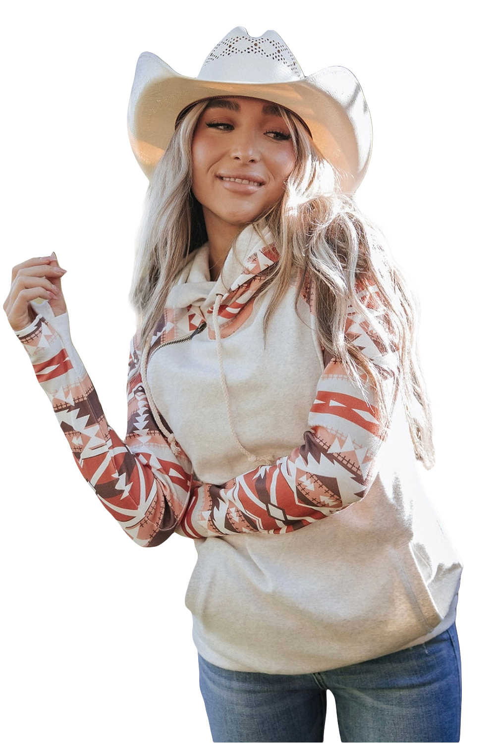 $9.66 Western Aztec Print Patchwork Double Hood Hoodie Wholesale