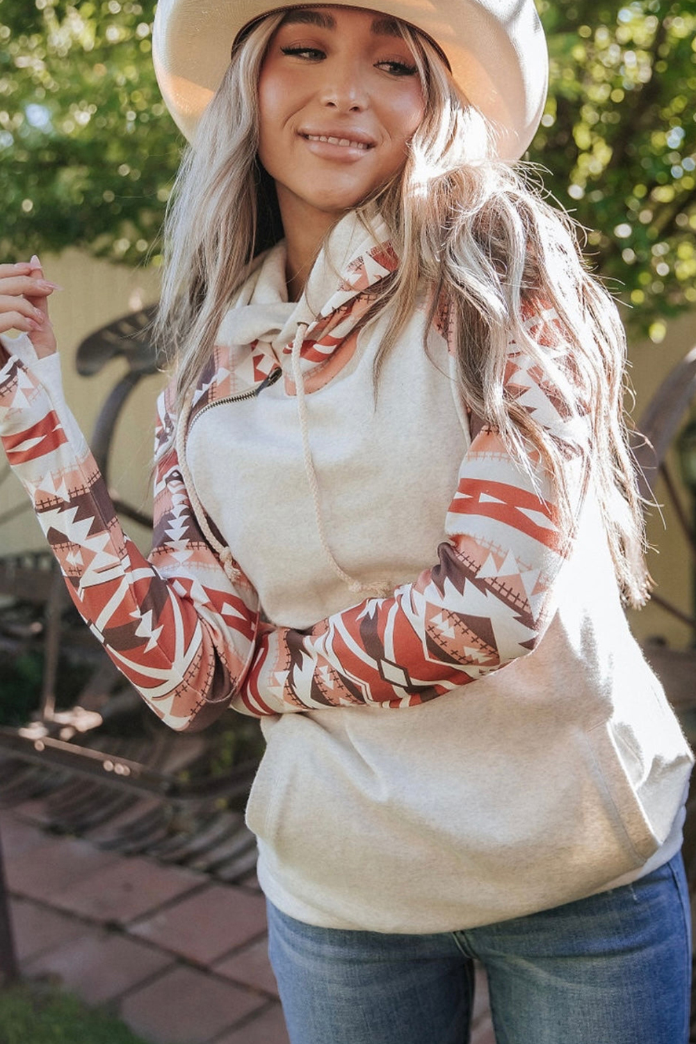 $9.66 Western Aztec Print Patchwork Double Hood Hoodie Wholesale