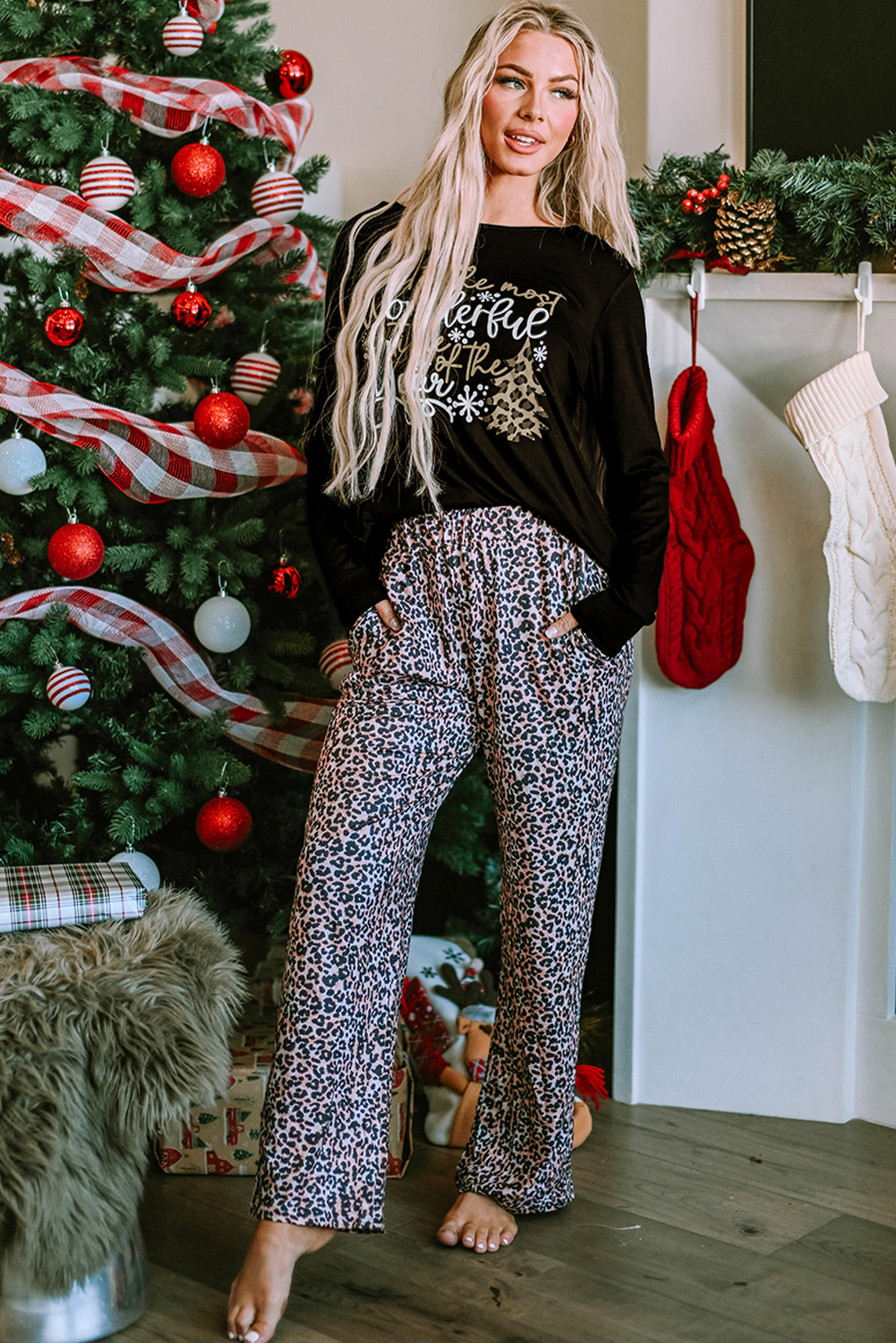 $11.35 Leopard Christmas Print Two Piece Lounge Set Wholesale