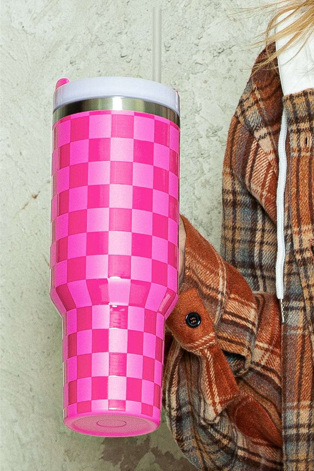$7.38 Bright Pink Checkered Print Handled Stainless Steel Tumbler Cup ...