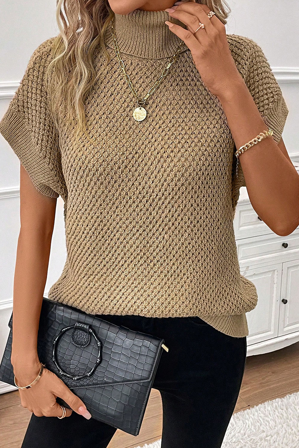$6.92 Pale Khaki Turtleneck Textured Short Sleeve Sweater Wholesale