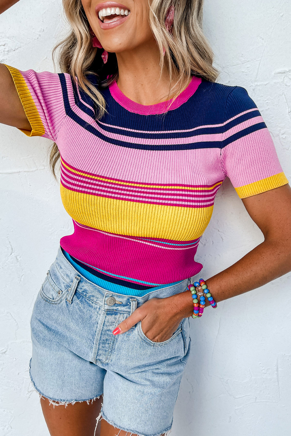 $6.6 Pink Mixed Stripes Ribbed Knit Top Wholesale