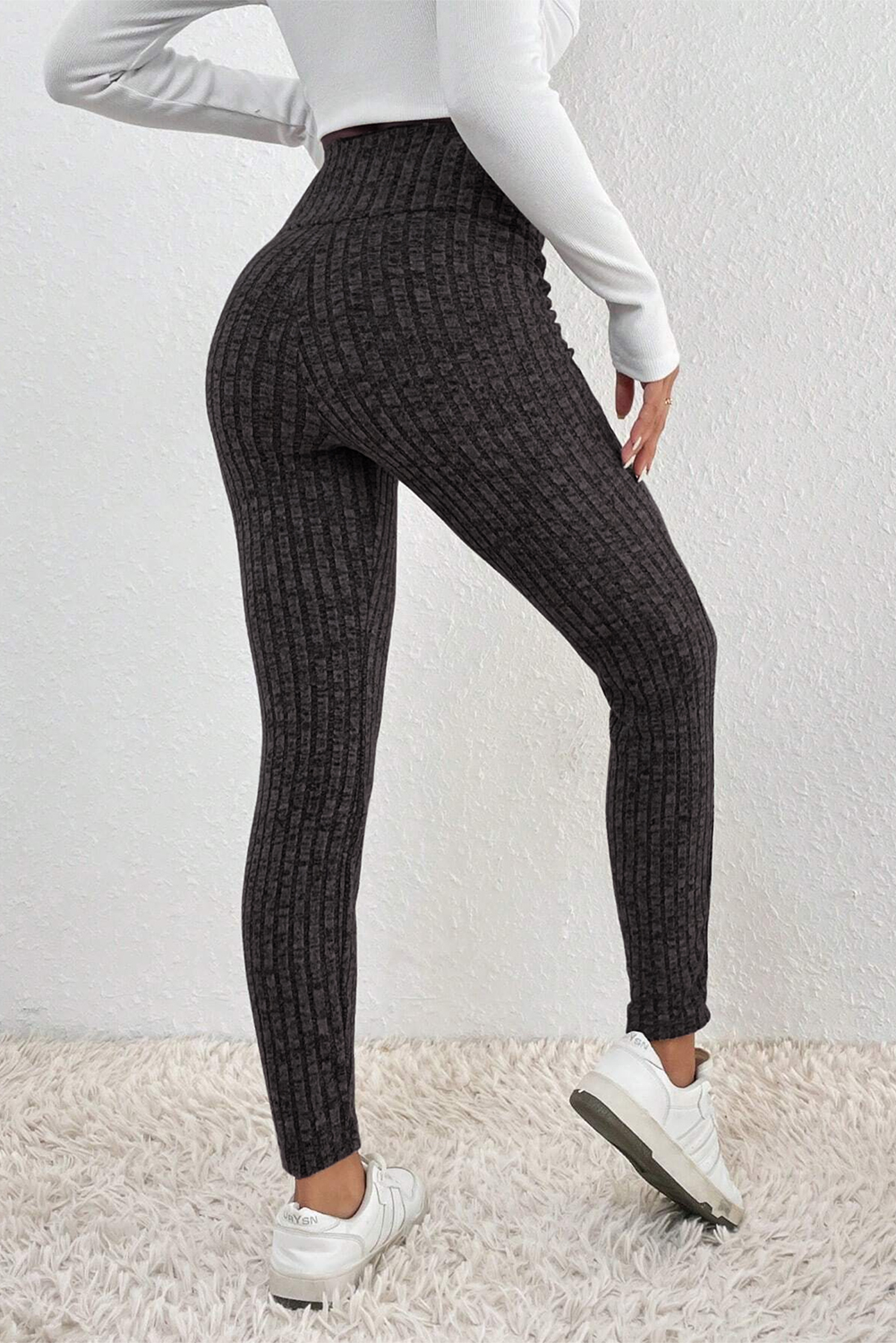 $5.14 Dark Grey Wide Waistband Ribbed Textured Knit Leggings Wholesale