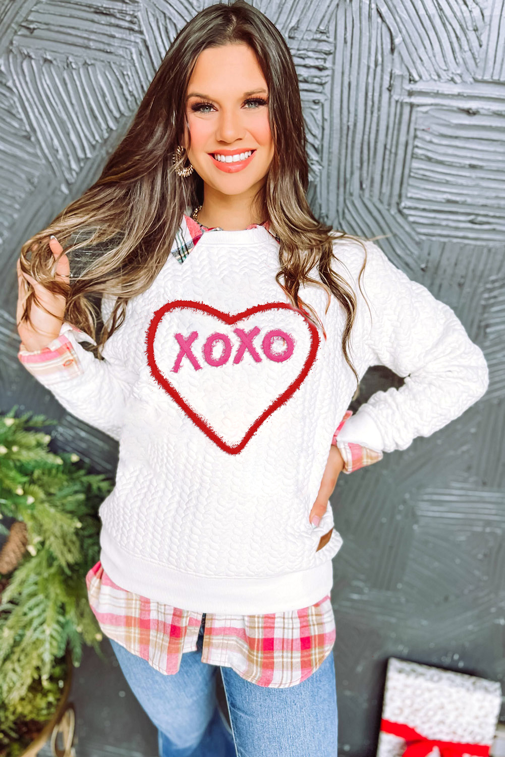 $8.64 White Heart XOXO Chenille Embroidered Textured Sweatshirt Wholesale