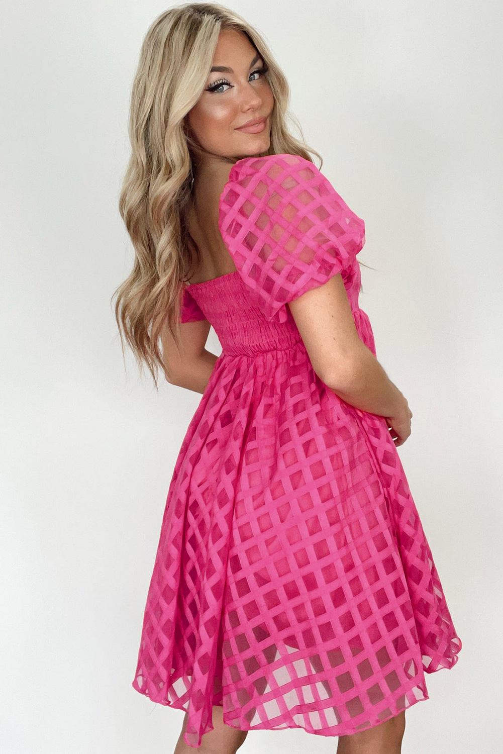 $10.58 Strawberry Pink Checkered Puff Sleeve Babydoll Dress Wholesale