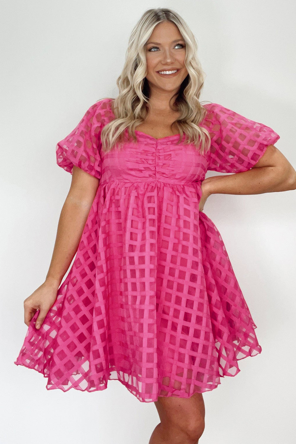 $10.58 Strawberry Pink Checkered Puff Sleeve Babydoll Dress Wholesale