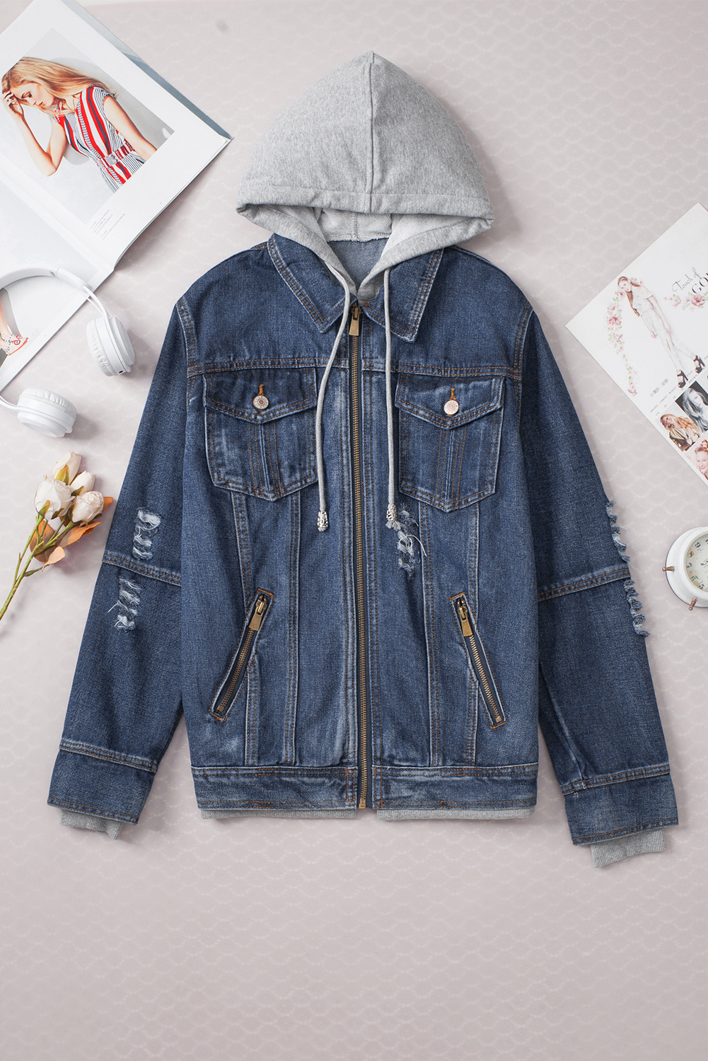 $22.37 Dark Blue Fake Two-Piece Hooded Zip-Up Denim Jacket Wholesale