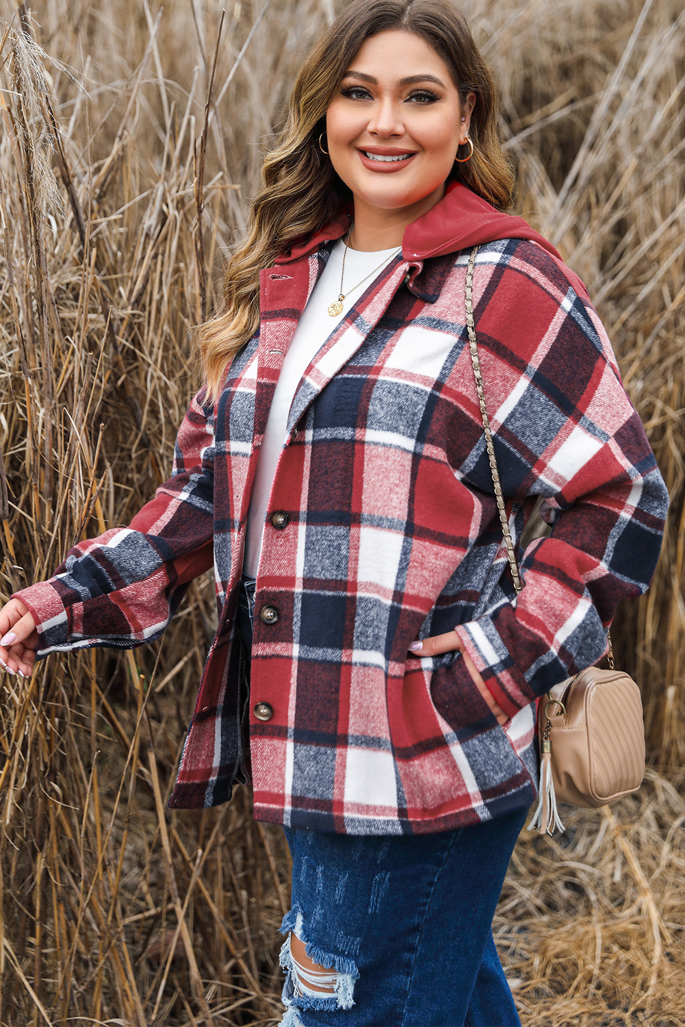 $12.73 Red Printed Plus Size Plaid Button up Hooded Jacket Wholesale