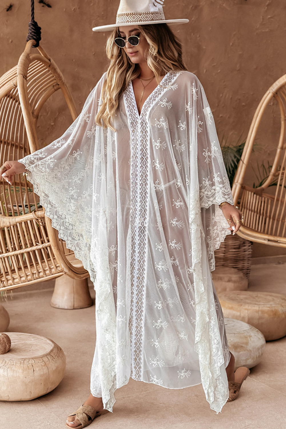 $6.2 White Lace Crochet Batwing Sleeve Maxi Beach Cover Up Wholesale