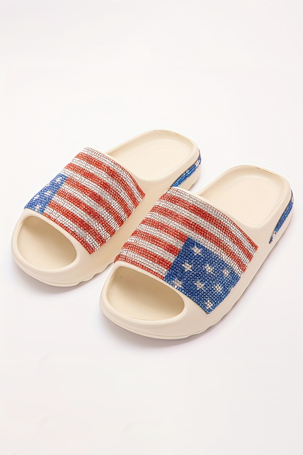$5.98 White Rhinestone American Flag Thick Sole Slippers Wholesale