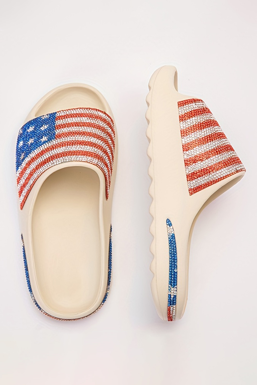 $5.98 White Rhinestone American Flag Thick Sole Slippers Wholesale