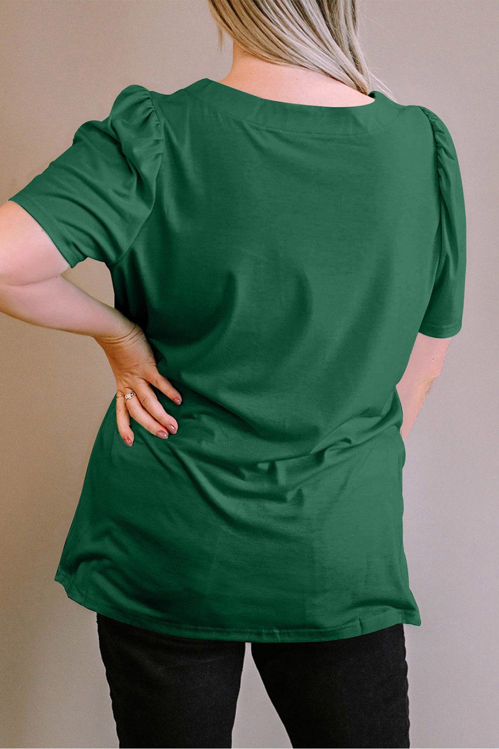 $9.19 Green Plus Size Square Neck Ruched Shoulder Short Sleeve Top ...