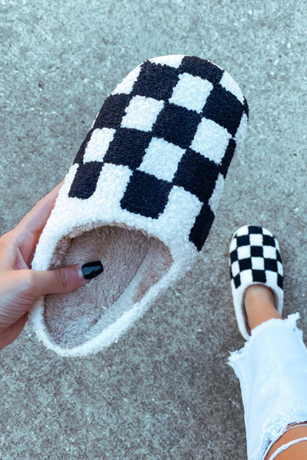 $3.59 Black Checkered Print Fuzzy Slip On Winter Slippers Wholesale