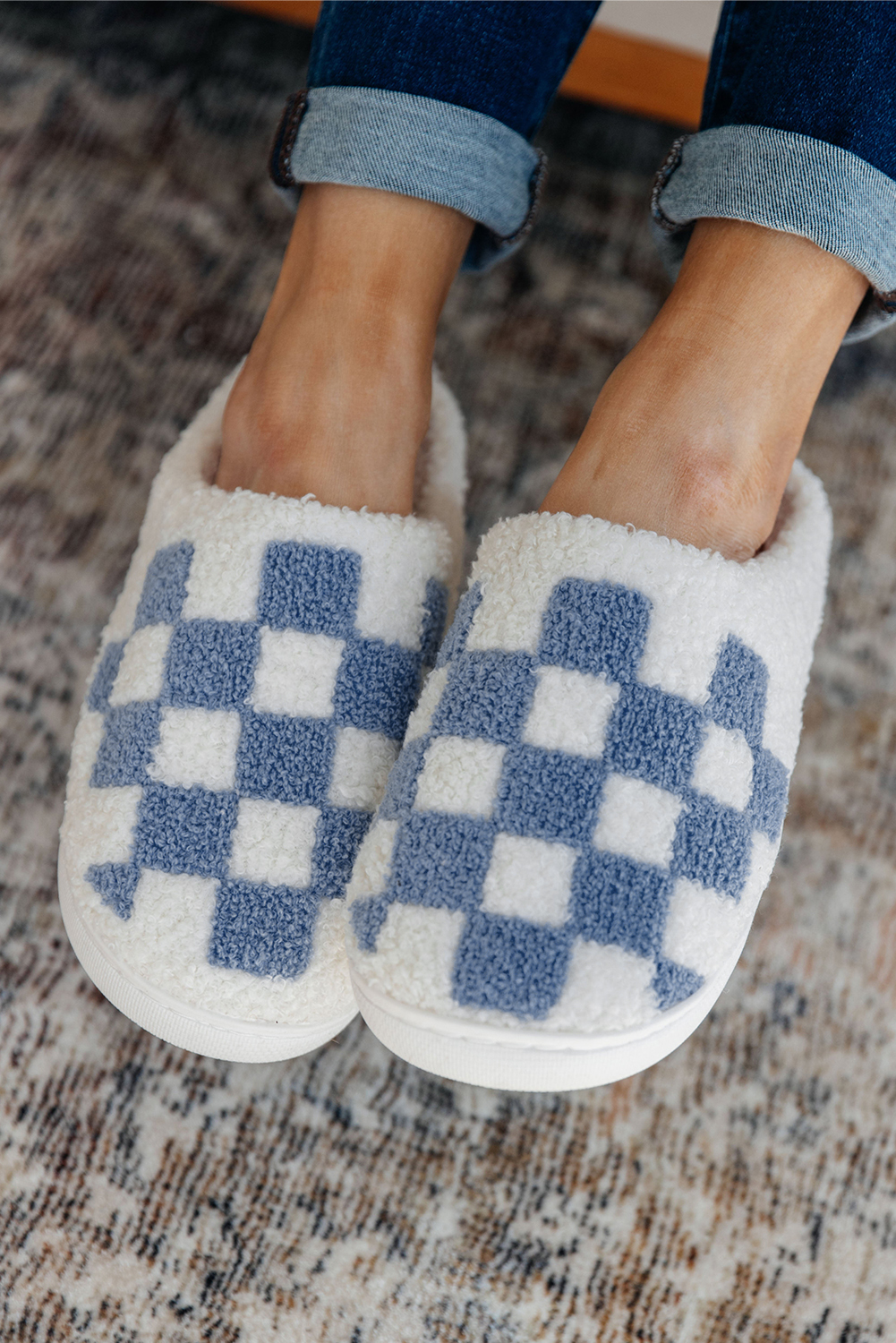 $3.59 Light Blue Checkered Print Fuzzy Slip On Winter Slippers Wholesale