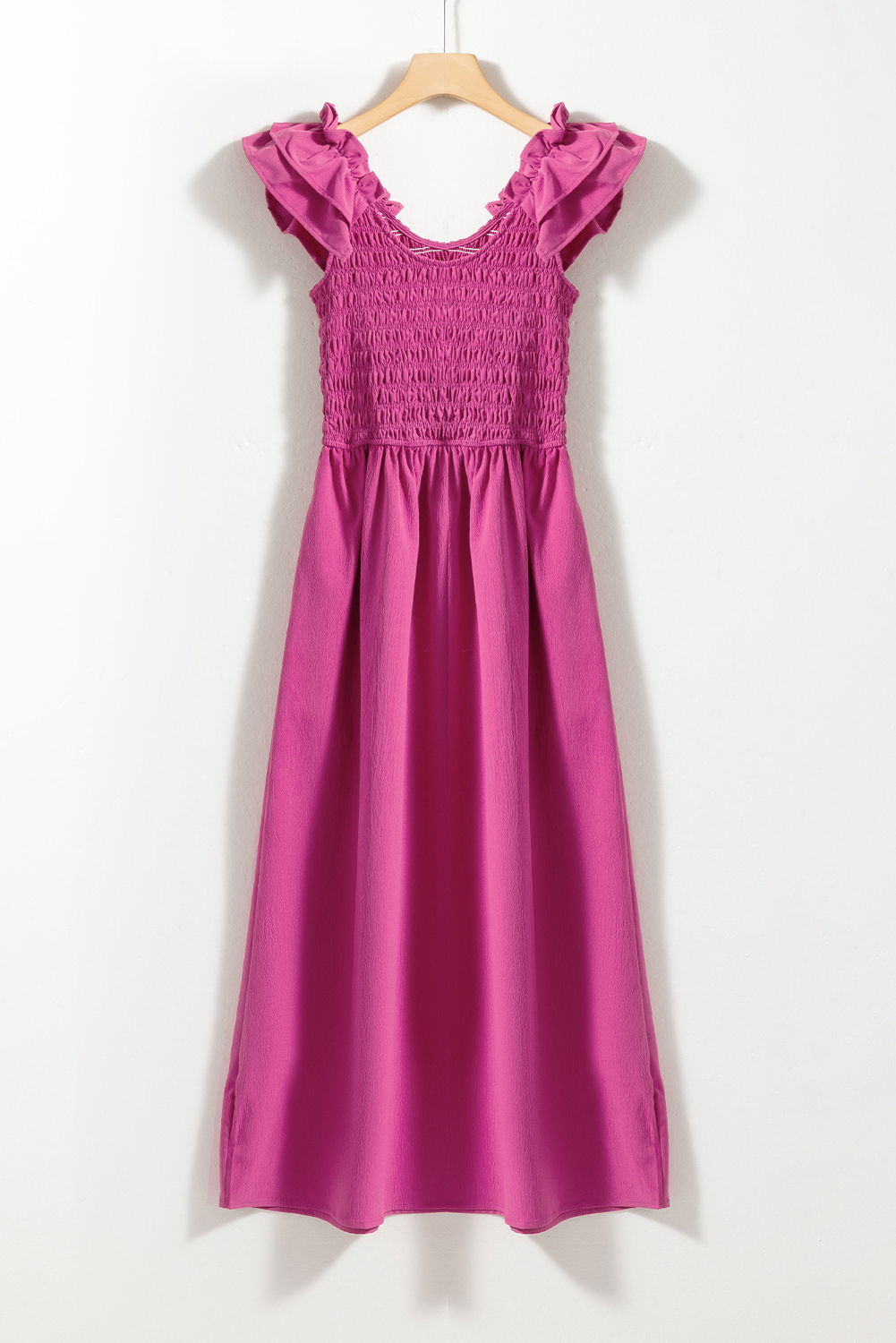 $11.04 Rose Red Solid Color Ruffled Straps Smocked Ruched Maxi Dress ...