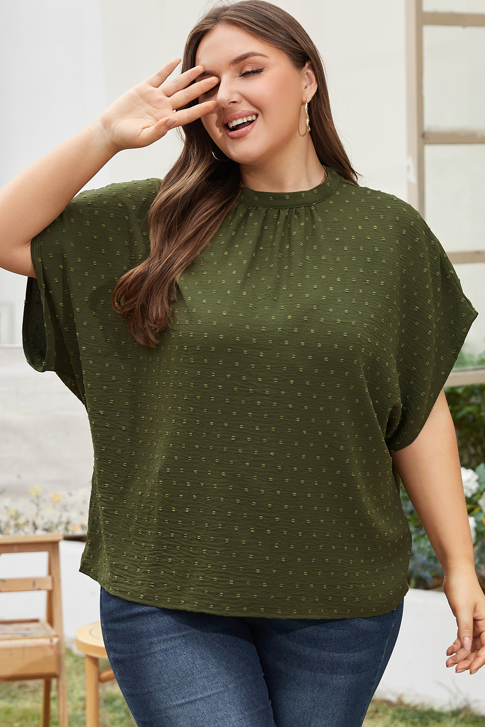$5.18 Moss Green Plus Size Swiss Dot Mock Neck Tied Nape Top Wholesale
