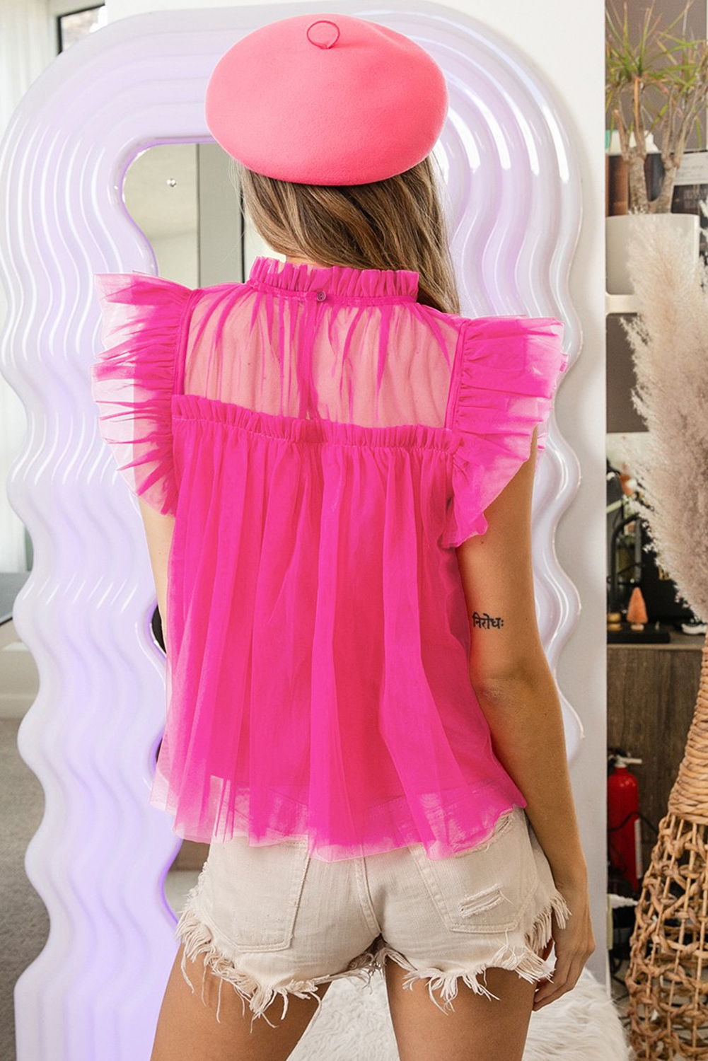 $7.01 Strawberry Pink Tulle Ruffle Sleeve Flared Babydoll Blouse Wholesale