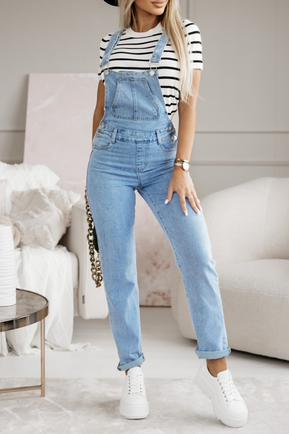 $12.98 Beau Blue Adjustable Straps Buttoned Decor Denim Overalls Wholesale