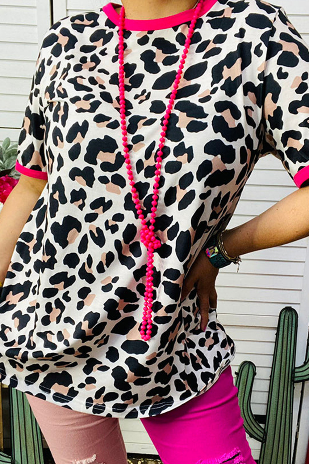 $5.89 Black Leopard Print Contrast Trim Plus Size Top Wholesale
