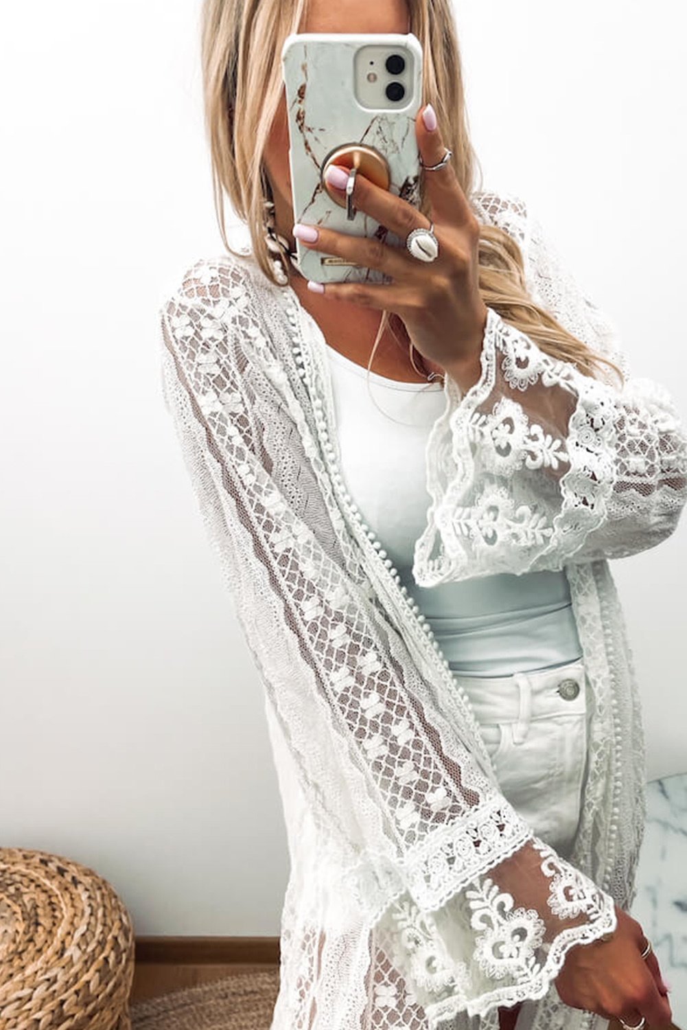 $8.89 White Lace Crochet Mesh Long Sleeve Duster Kimono Wholesale
